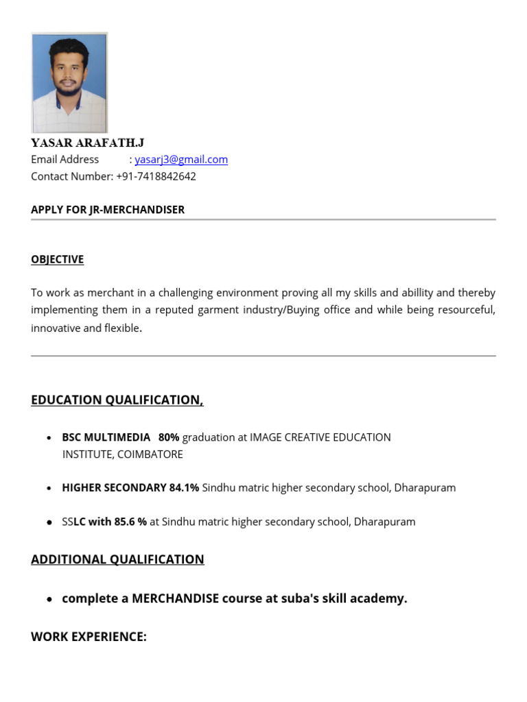Junior Merchandiser Resume of Yasar Arafath | PDF