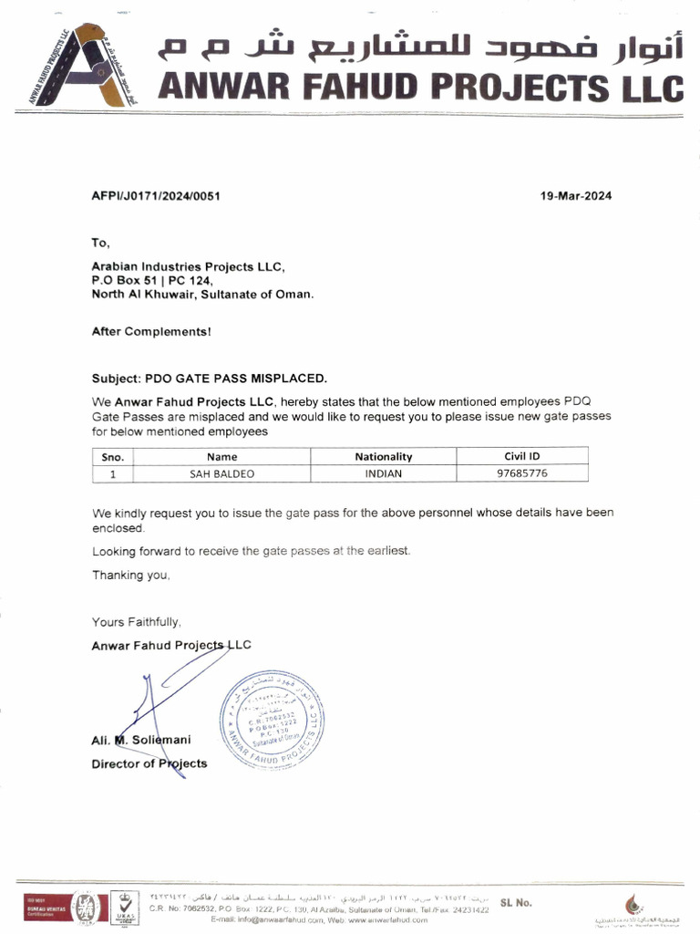 Gate Pass Misplaced Letter | PDF