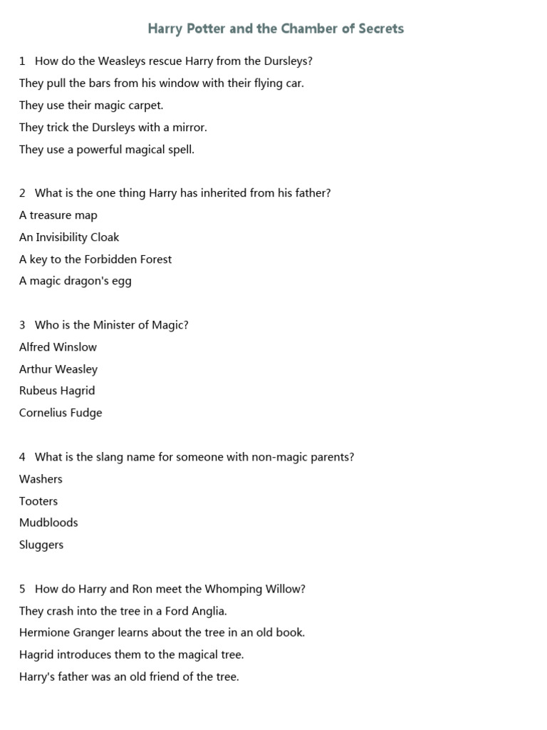 Harry Potter Chamber of Secrets Quiz | PDF | Fantasy Worlds ...