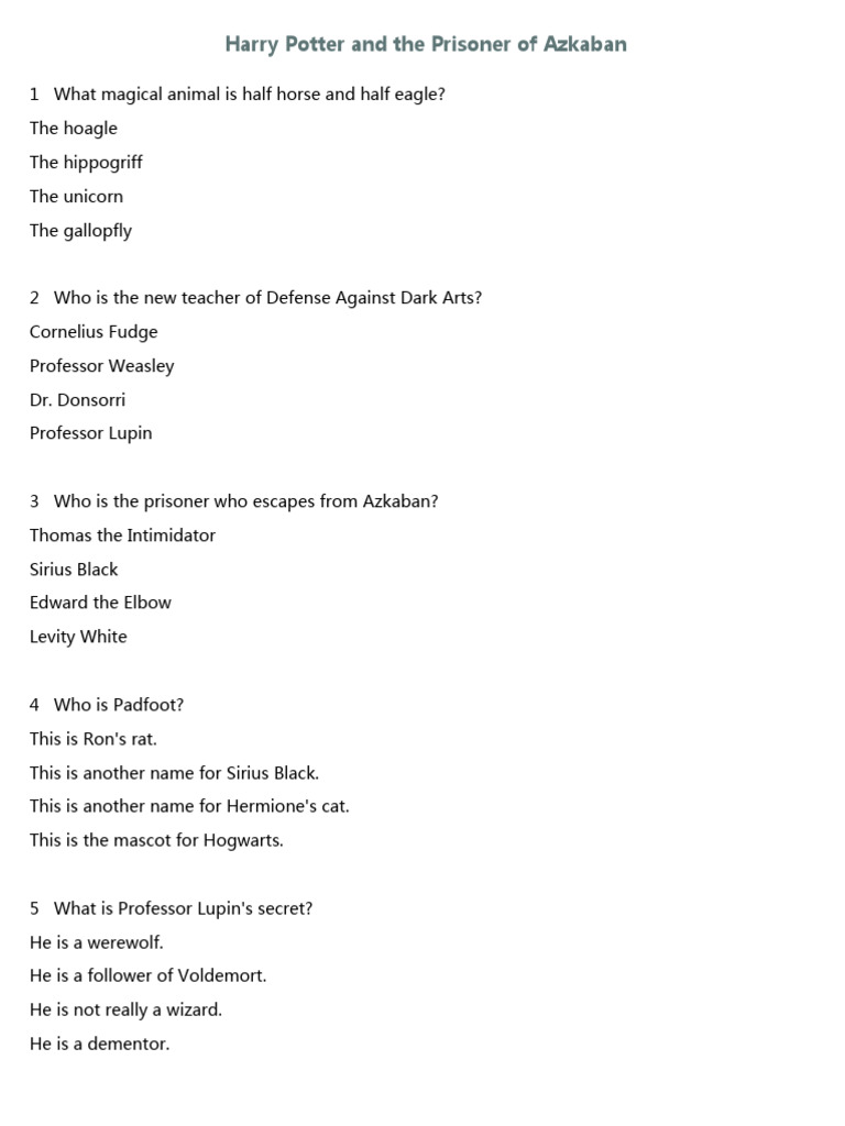 Prisoner of Azkaban Quiz Answers | PDF | Fantasy Worlds | Contemporary ...
