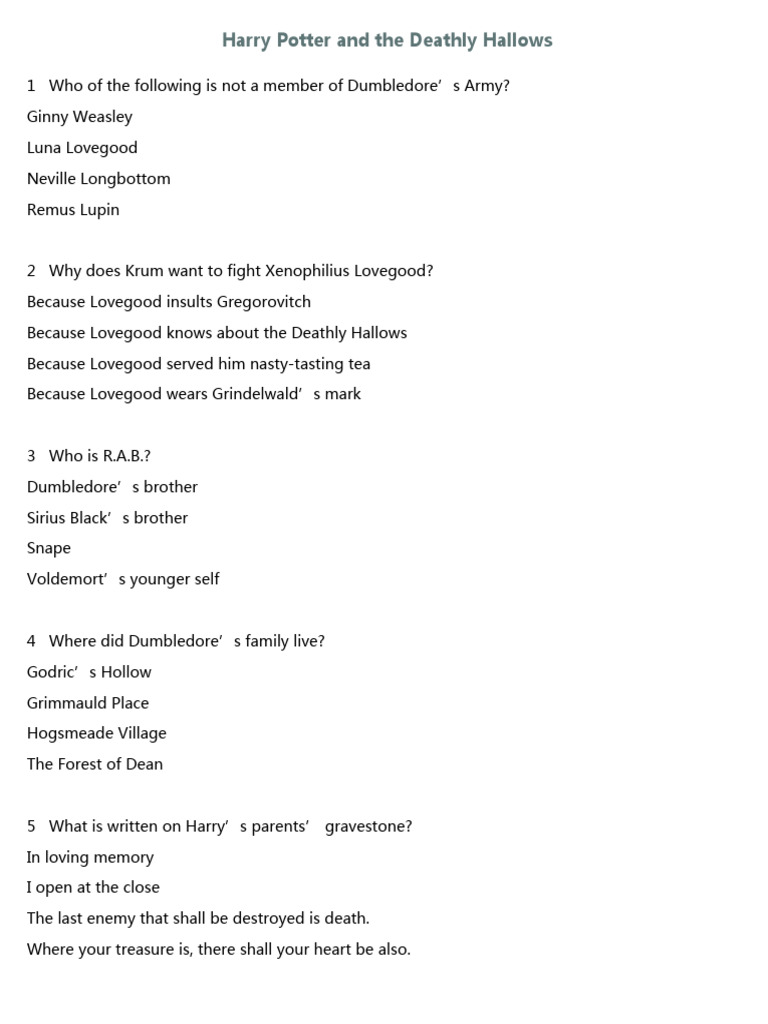Deathly Hallows Quiz with Answers | PDF | Fantasy Novel Series ...