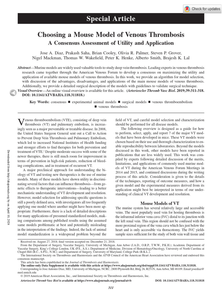 Diaz Et Al 2019 Choosing A Mouse Model of Venous Thrombosis | PDF ...