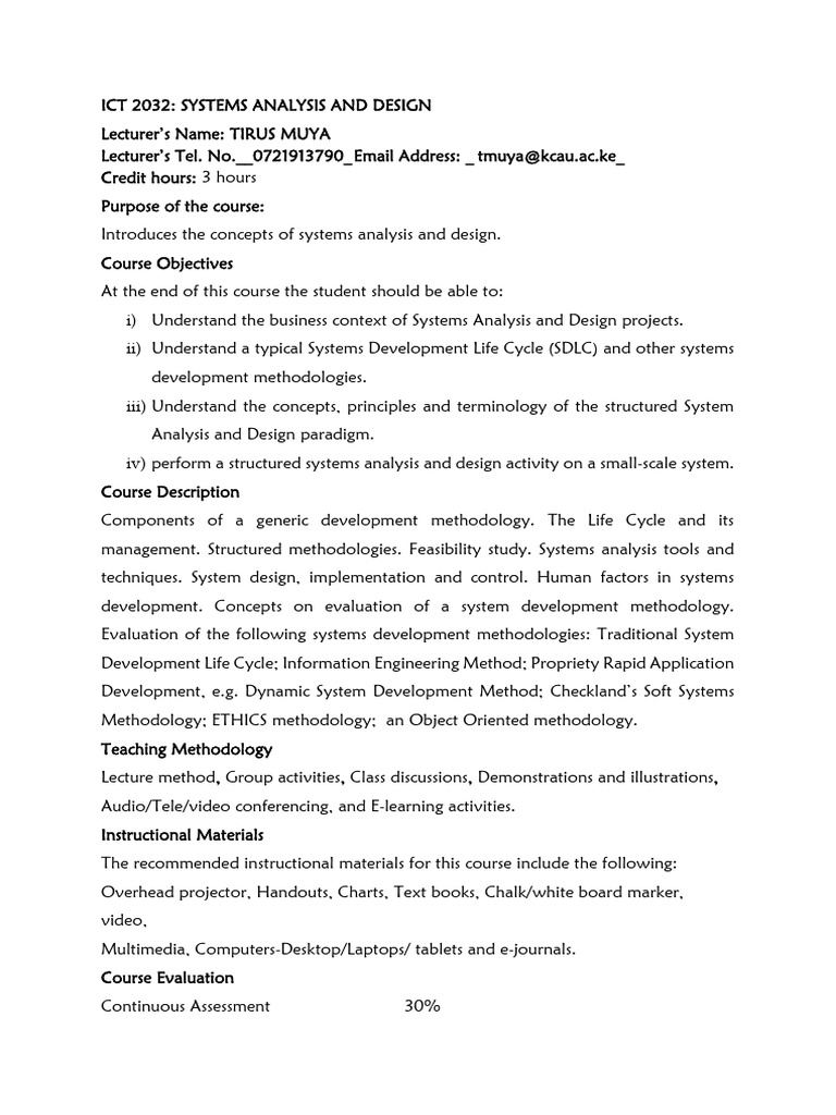 Ict 2032 - System Analysis and Design Course Outline | PDF | Educational Technology | Methodology