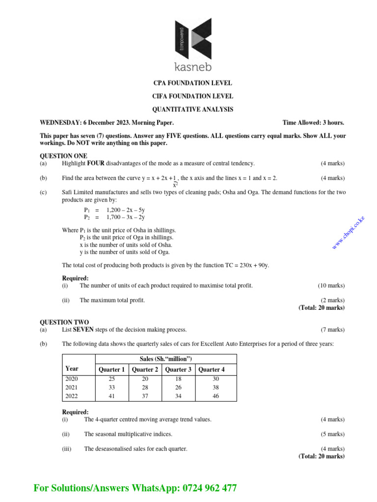 Quantitative Analysis Exam Paper 2023 | PDF | Linear Regression ...