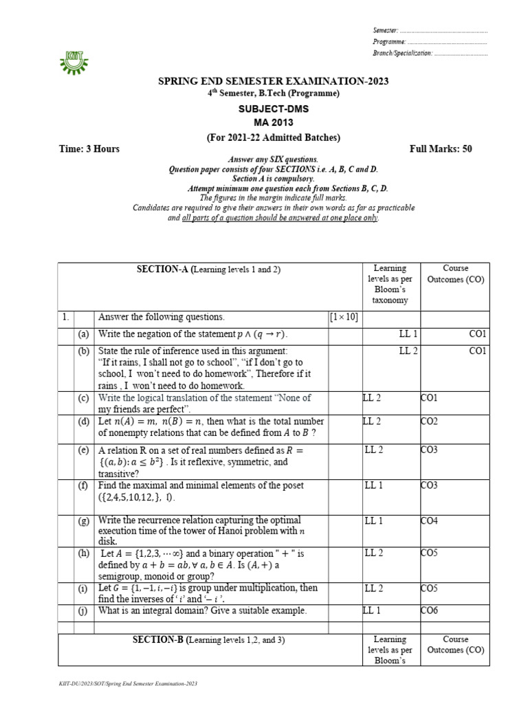 DMS (End Sem Set2) | Download Free PDF | Group (Mathematics) | Mathematics