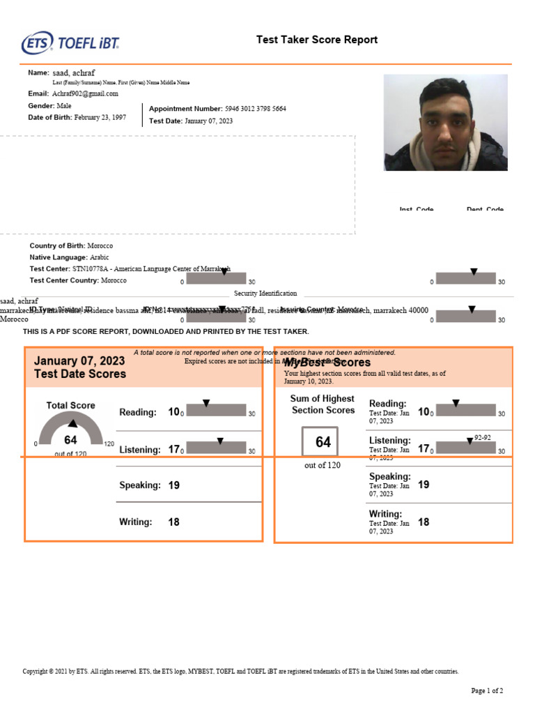 Test Taker Score Report: Saad, Achraf | PDF | Test Of English As A ...