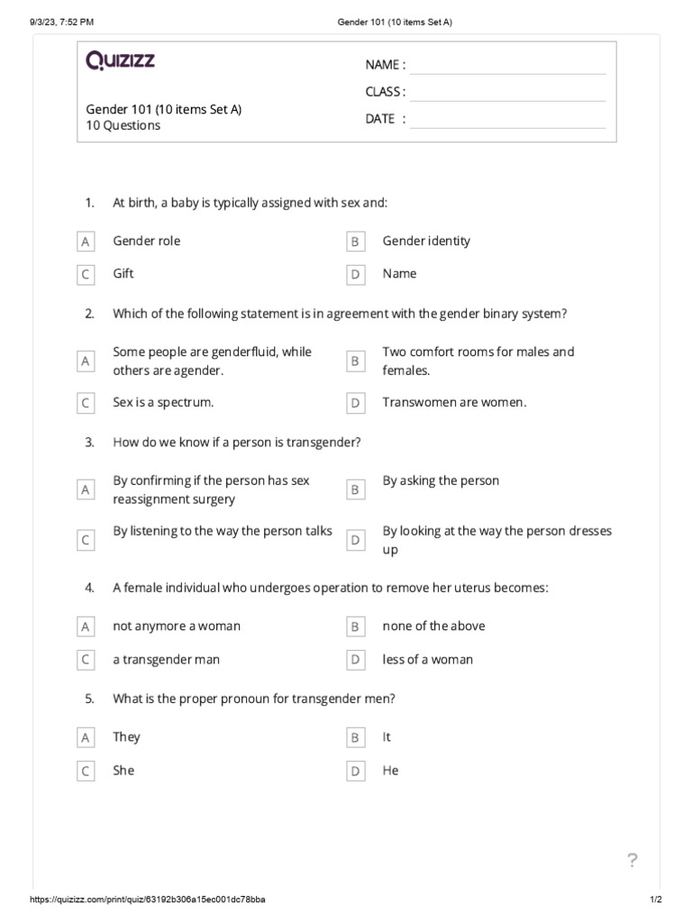 Gender 101: Quiz on Gender Concepts | PDF | LGBTQIA+ Studies | Transgender