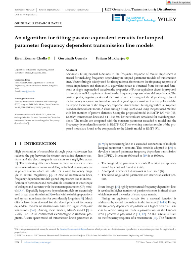 Iet Generation Trans Dist 2021 Challa An Algorithm For Fitting Passive Equivalent Circuits