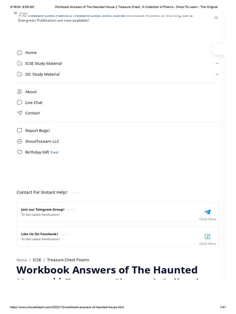 Workbook Answers of The Haunted House - Treasure Chest - A Collection of Poems - Shout To Learn ...