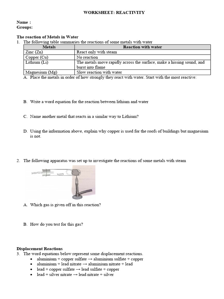 Metal Reactivity and Reactions Worksheet | PDF | Zinc | Magnesium