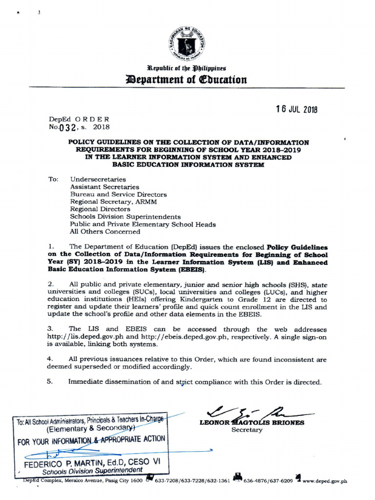 DepEd Order No. 32 S. 2018 Policy Guidelines On The Collection of Data ...