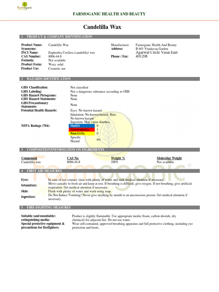 Candelilla Wax MSDS | PDF | Dangerous Goods | Occupational Safety And ...