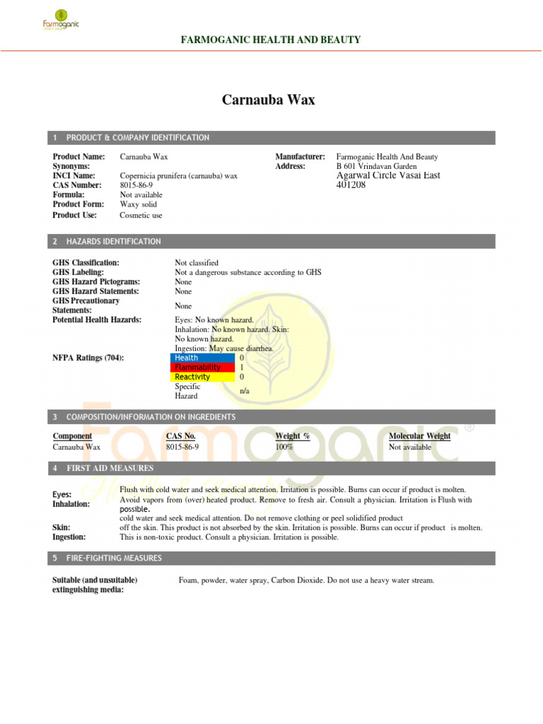 Carnauba Wax MSDS | Download Free PDF | Dangerous Goods | Personal ...