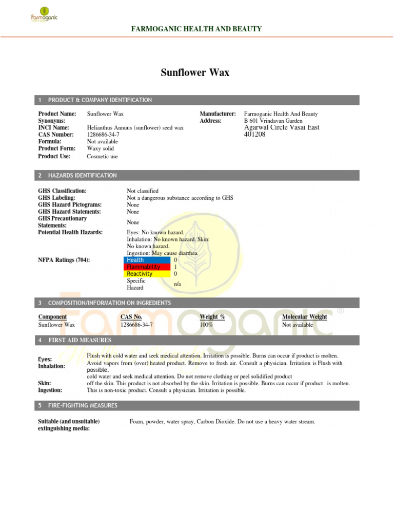 Sunflower Wax MSDS | PDF | Dangerous Goods | Personal Protective Equipment