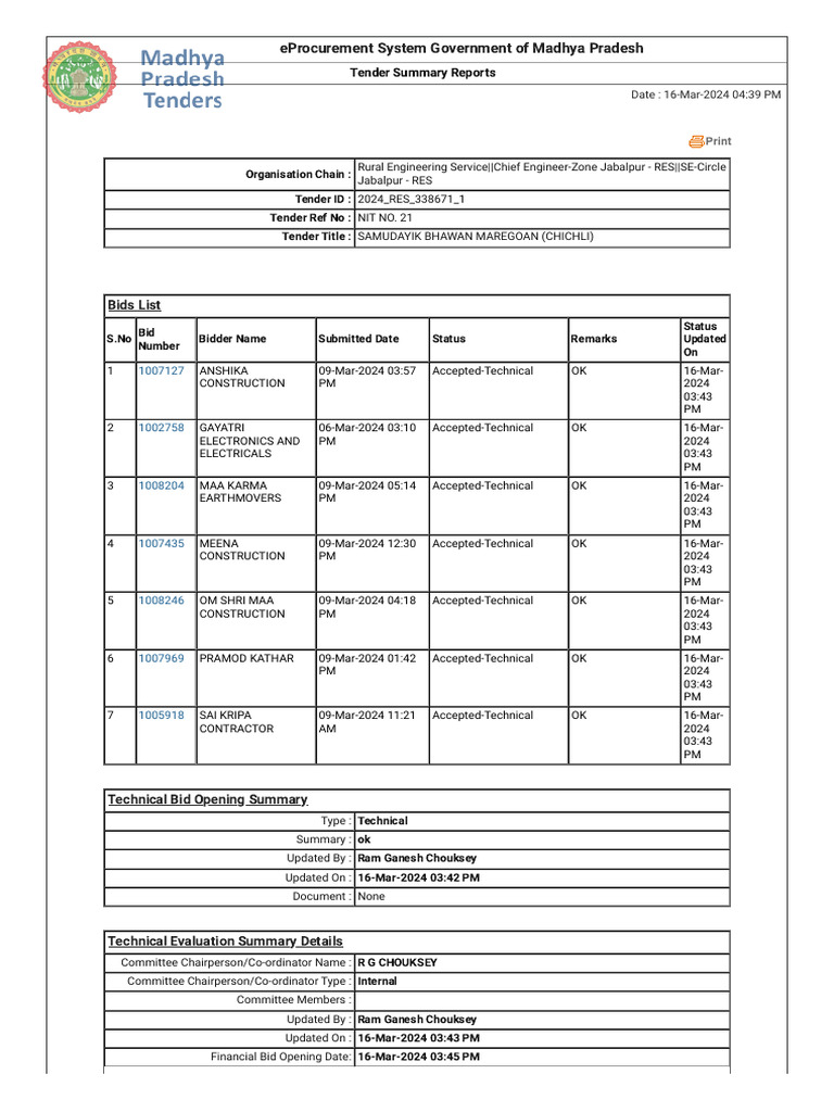 Madhya Pradesh eProcurement Tender Summary | PDF | Procurement | Supply Chain Management
