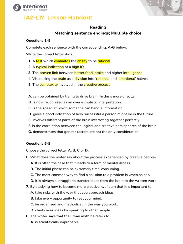IA2-L17. Lesson Handout | PDF | Creativity | Thought