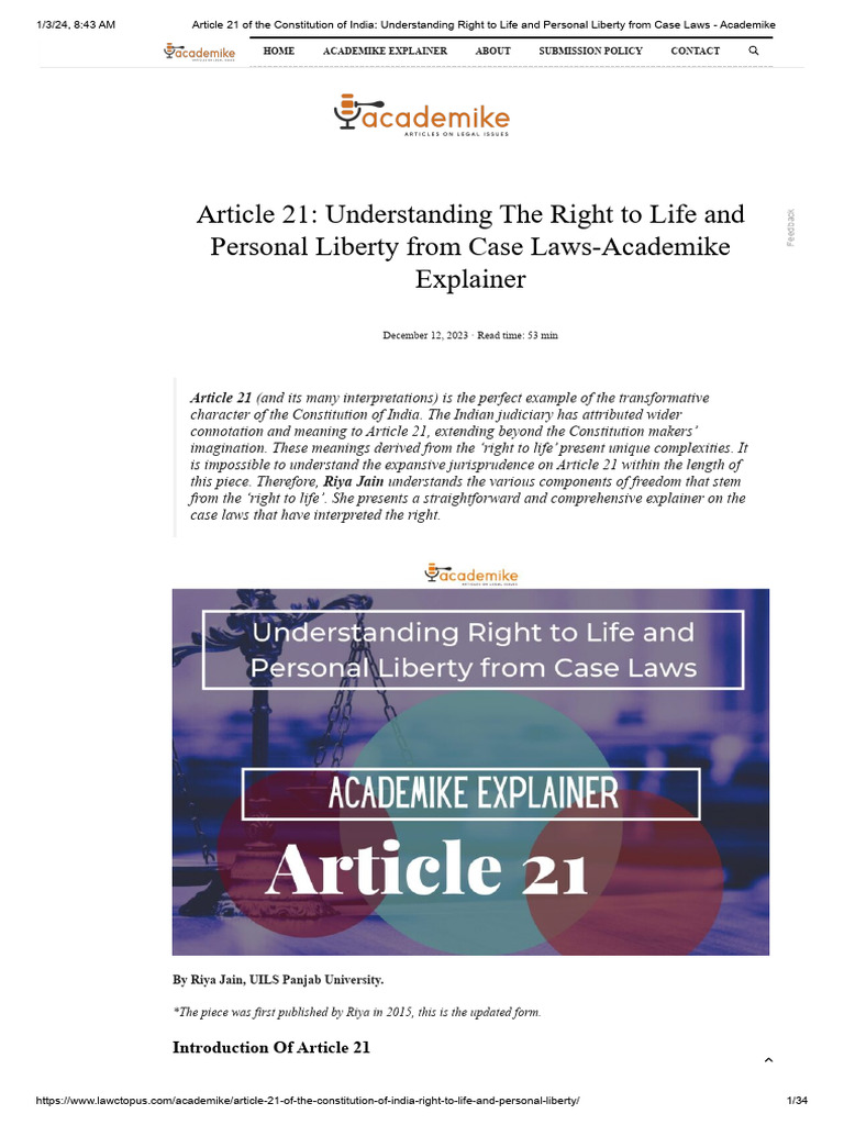 Article 21: Right to Life Explained | PDF | Sexual Harassment | Social ...