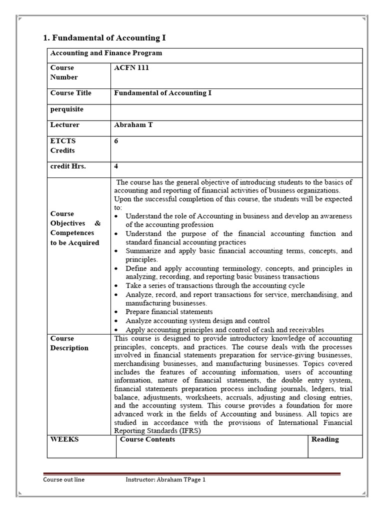 Coures Out Line Principle Accounting - I and II | PDF | Accounting | Financial Accounting