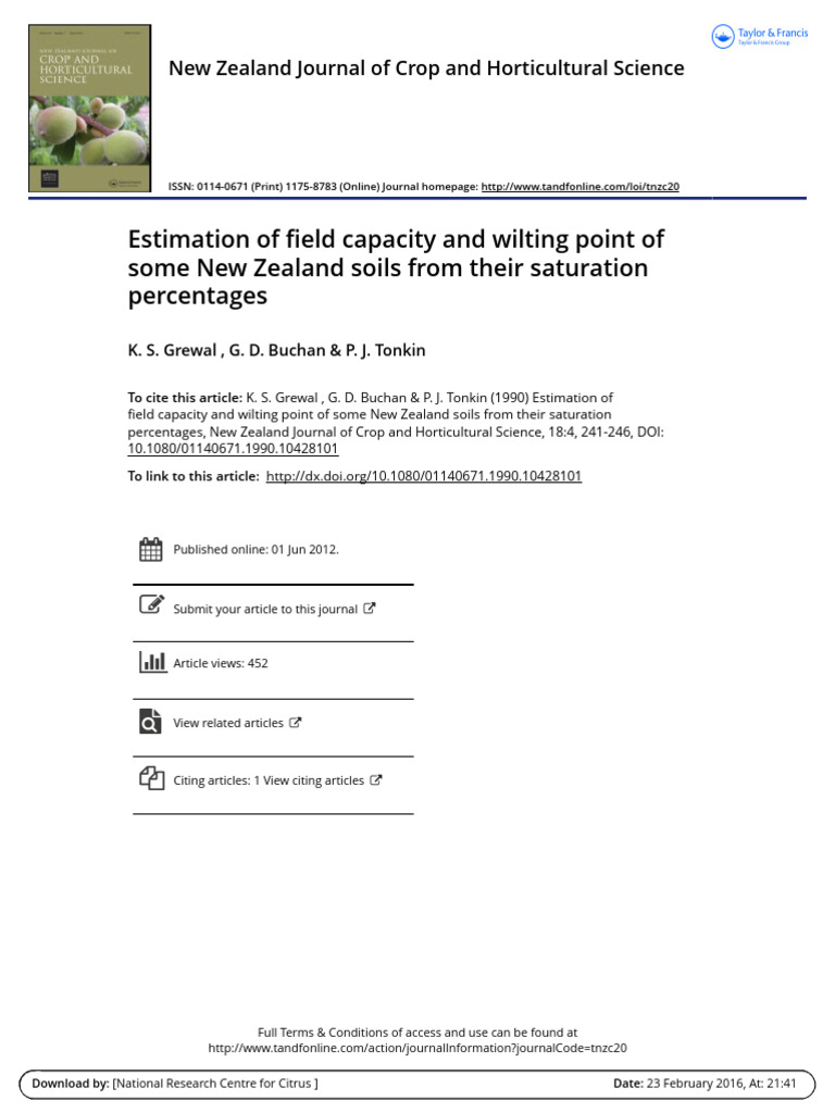 Estimation of Field Capacity and Wilting Point of Some New Zealand ...