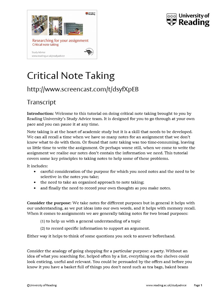 Critical Note Taking | PDF | Thought | Speed Reading