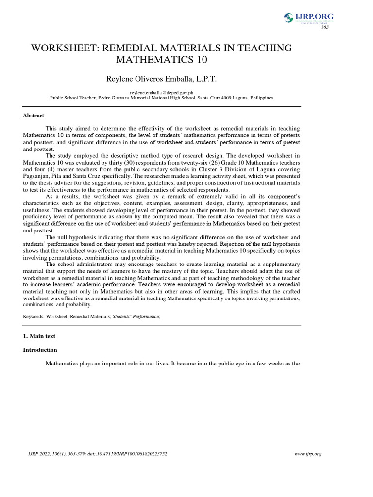Effective Remedial Worksheets for Math | PDF | Motivation | Motivational