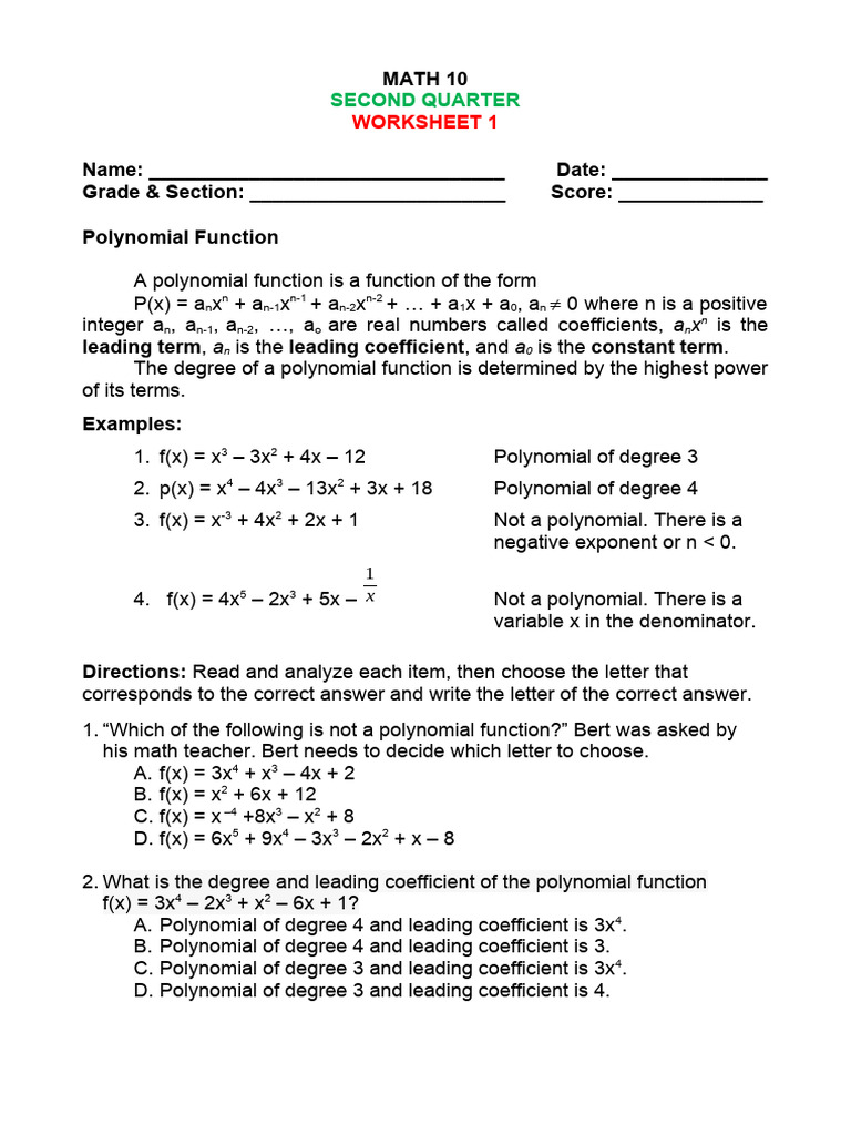Math10Q2 Remedial | PDF | Polynomial | Mathematical Analysis