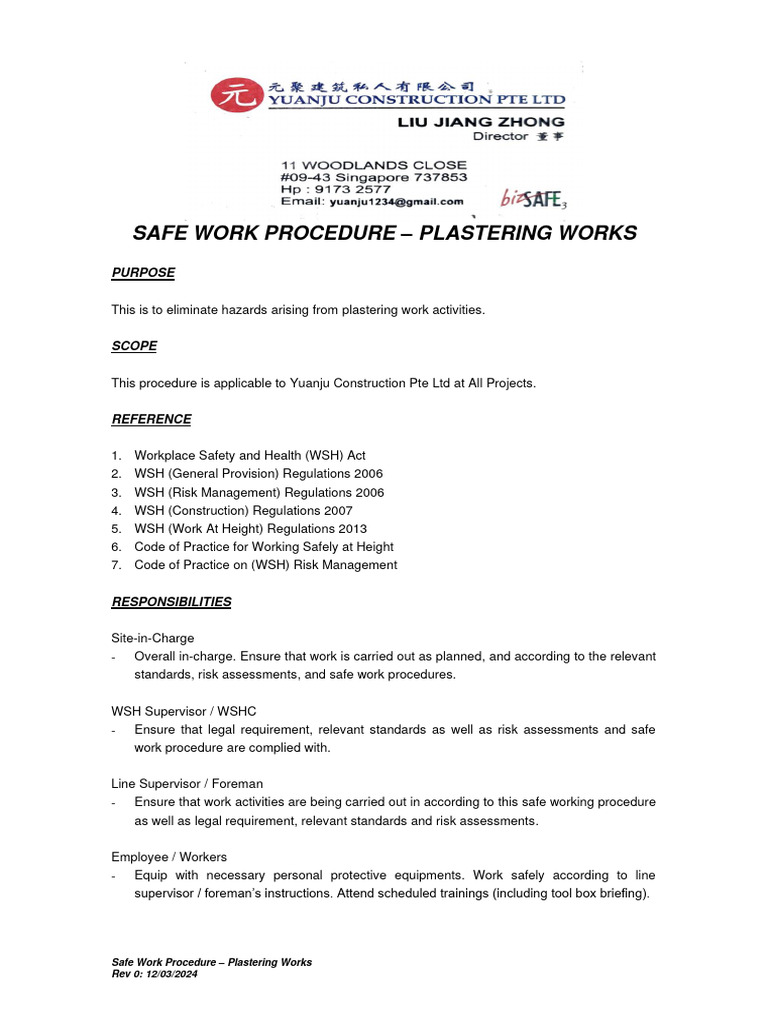 SWP - Plastering Work (Yuanju) | PDF | Supervisor | Personal Protective ...
