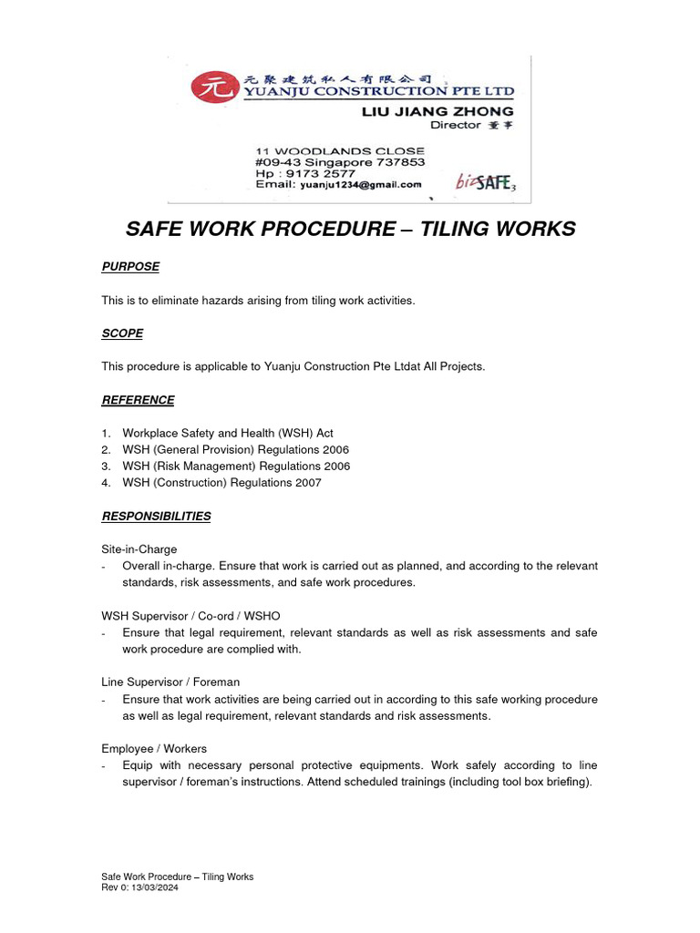 SWP - Tiling Work ((Yuanju) | PDF | Occupational Safety And Health ...
