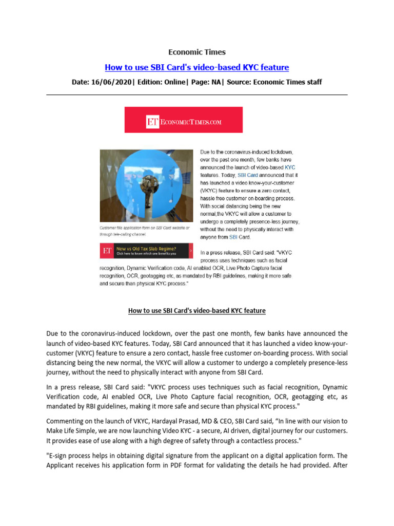 SBI Card Video KYC Process Explained | PDF | Optical Character ...