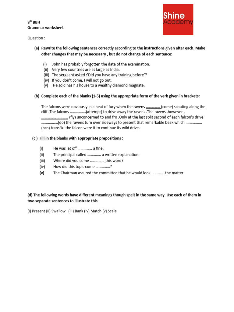 8th BBH Grammar Worksheet-1 | PDF