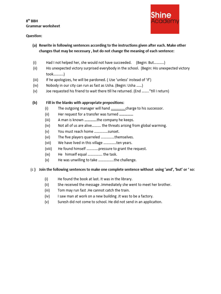 8th BBH Grammar Worksheet-2 | PDF