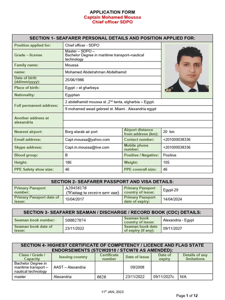 Captain Mohamed Moussa CV Apply For Chief Officer SDPO | PDF | Shipping | Water Transport