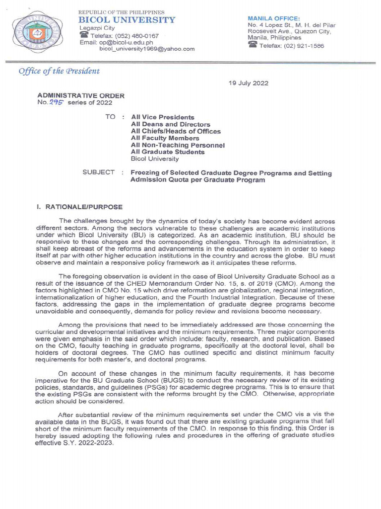 BU OP AO No 295 S 2022 Re Freezing of Selected Graduate Degree Programs ...