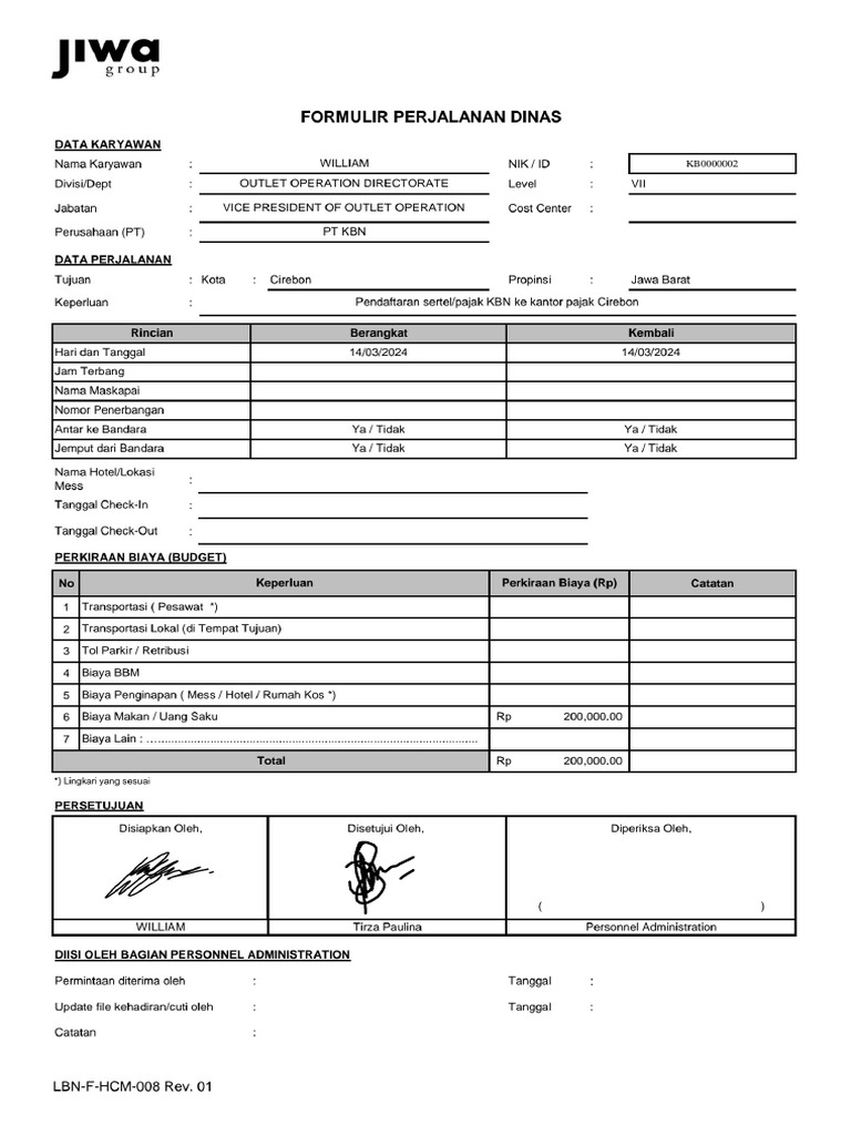 Form Perjalanan Dinas Cirebon 1403 | PDF