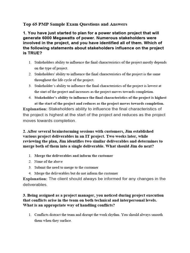 Drive 4 Top 65 PMP Sample Exam Questions and Answers | PDF | Risk ...