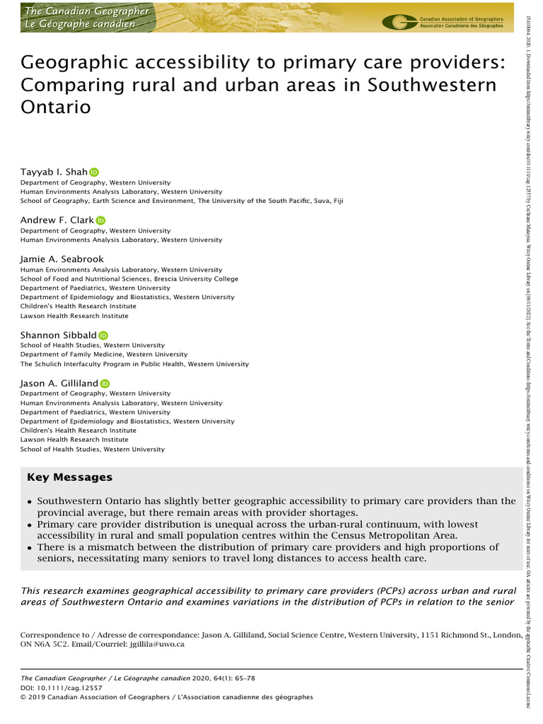 The Canadian Geographer - 2019 - Shah - Geographic Accessibility To ...