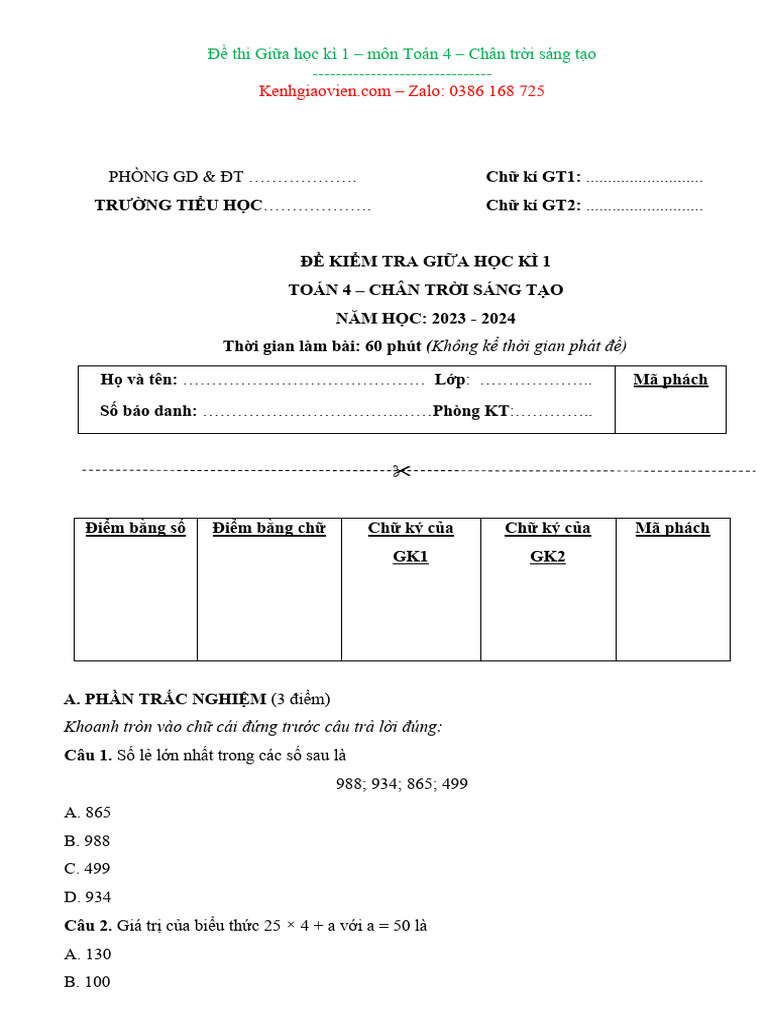 Demo de Thi ghk1 Toan 4 CTST | PDF