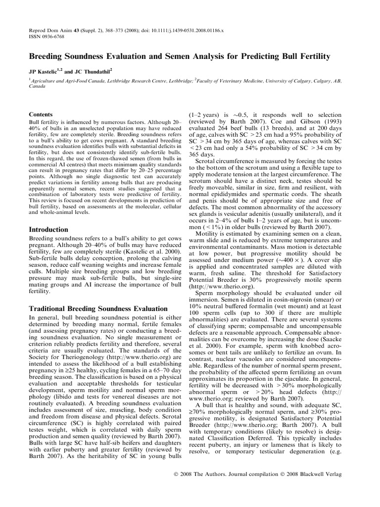 Breeding Soundness Evaluation and Semen Analysis for Predicting Bull ...