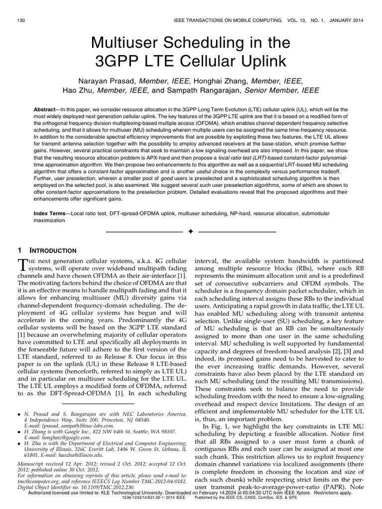 Multiuser Scheduling in The 3GPP LTE Cellular Uplink | PDF | 4 G ...