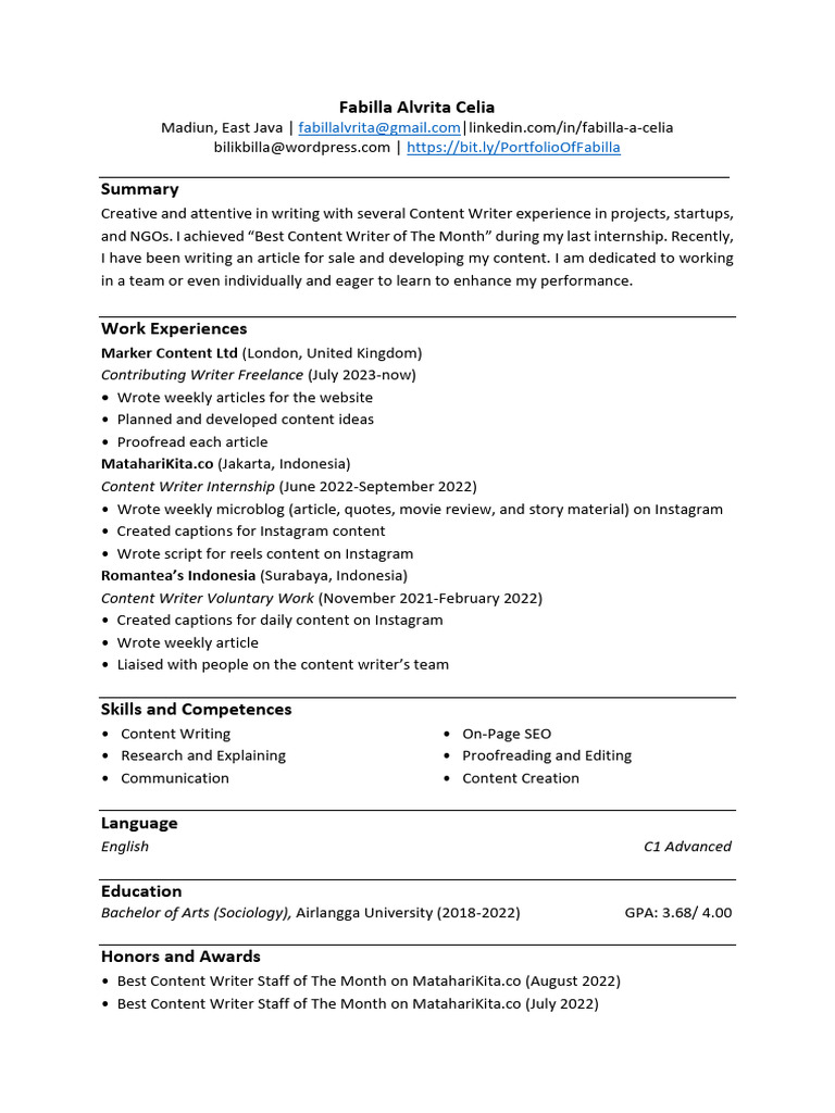 CV - Fabilla Alvrita Celia | PDF