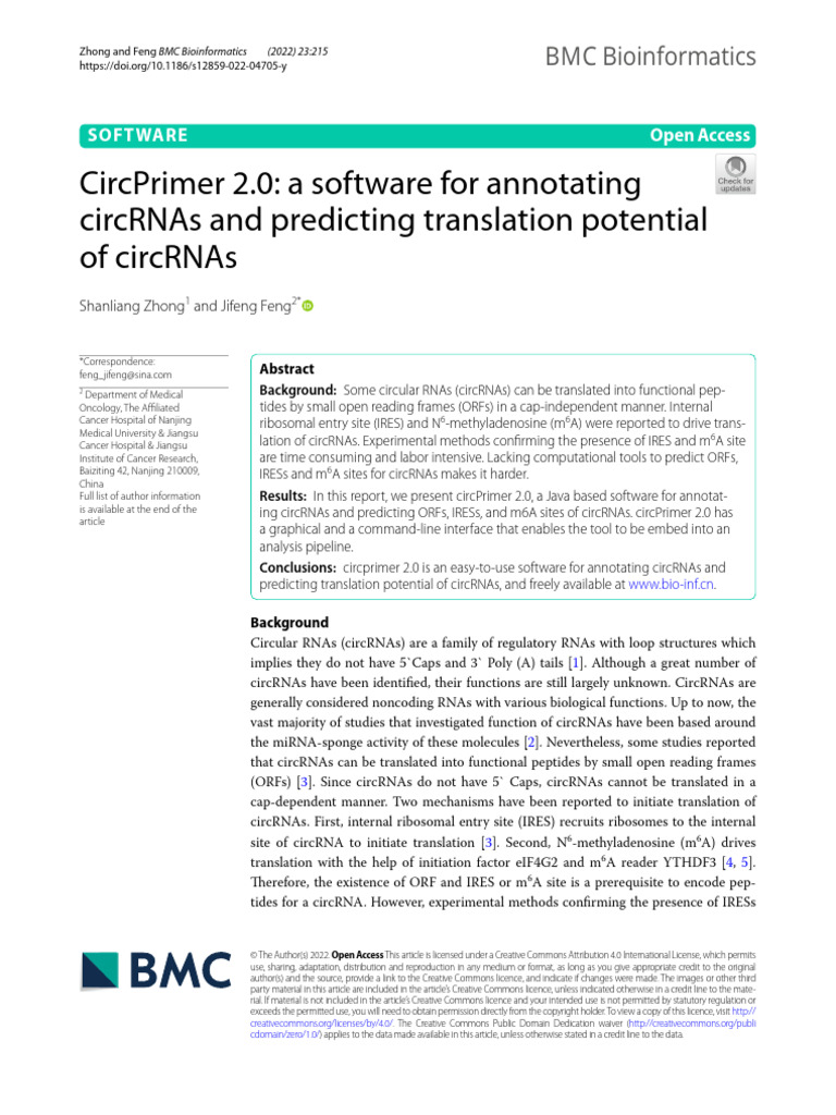 CircPrimer 2.0 A Software For Annotating circRNAs and Predicting Translation Potential of ...