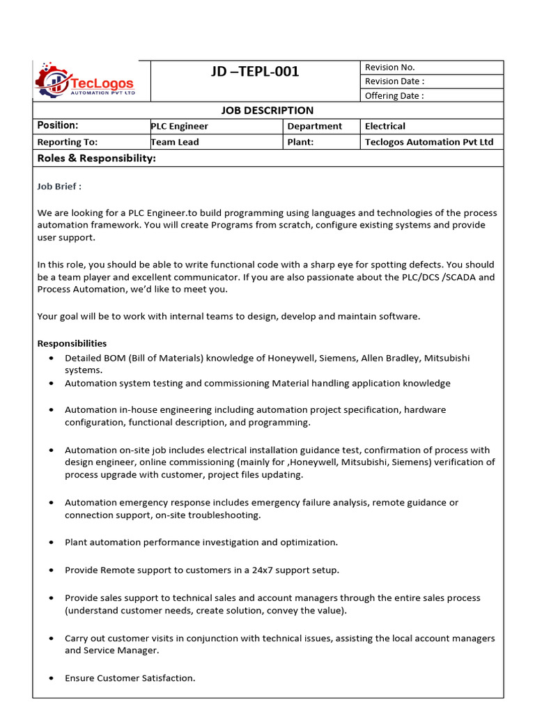JD For PLC Engineer | PDF | Automation | Programmable Logic Controller