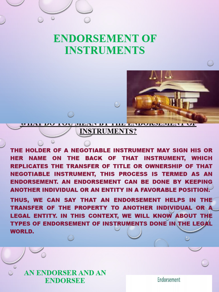 Endorsement of Instruments PPT | PDF | Negotiable Instrument | Payments