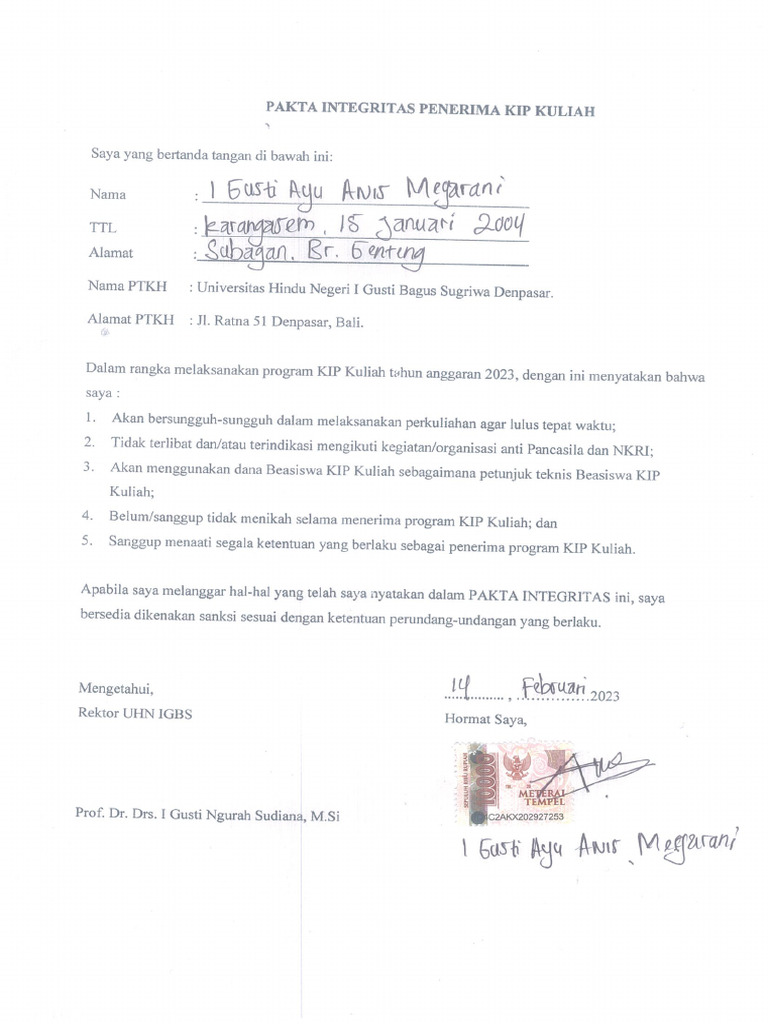 Surat Fakta Integritas Penerima Kip - I Gusti Ayu Anis Megarani | PDF