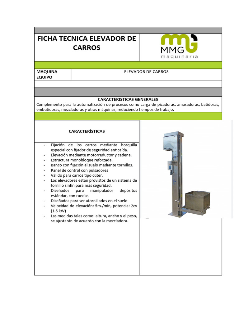 Ficha Técnica Elevador de Carros Es | PDF | Tecnología