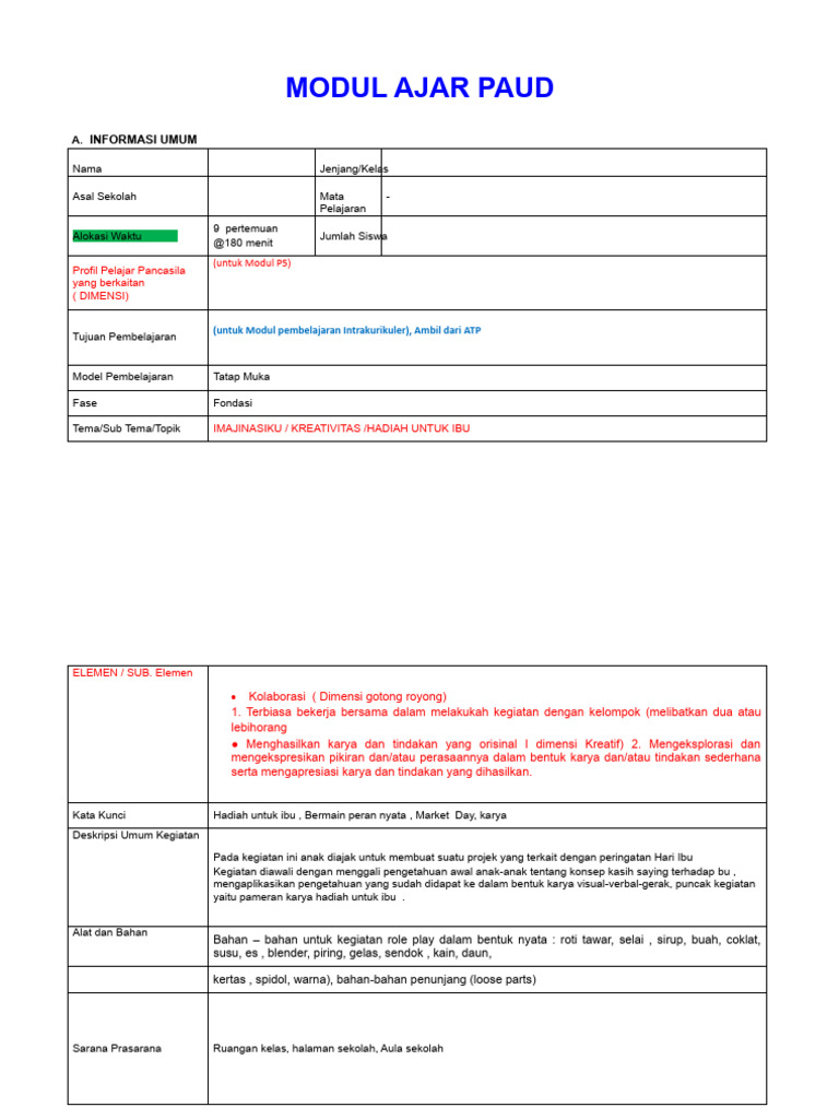 Modul Ajar Kreativitas PAUD: Hadiah untuk Ibu | PDF