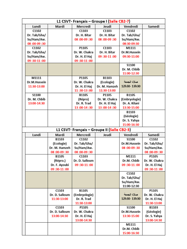 L1 CSVT-Français - Groupe I : Lundi Mardi Mercredi Jeudi Vendredi ...