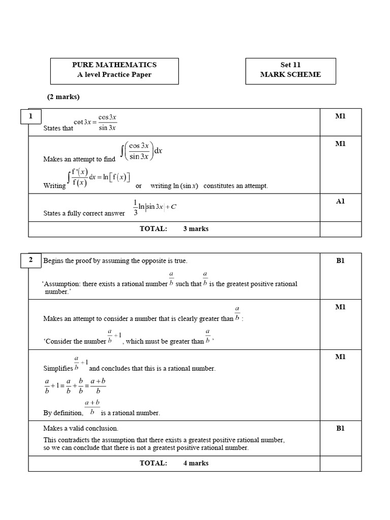 11 9MA0 01 9MA0 02 A Level Pure Mathematics Practice Set 11 Mark Scheme ...