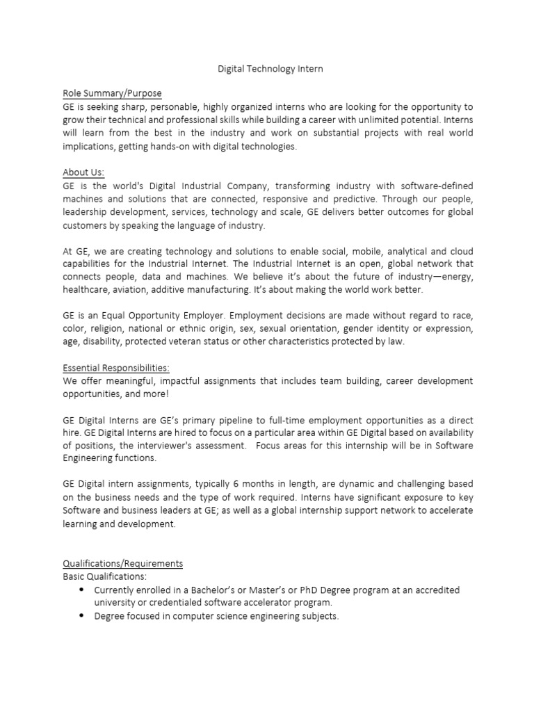 GE Digital Technology Internship 2024 | PDF | Internship | Job Hunting