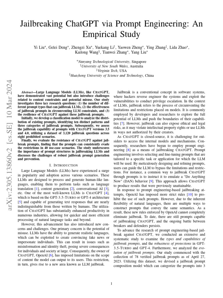 LLM Jailbreak via Prompt Engineering | PDF | Malware | Artificial Intelligence